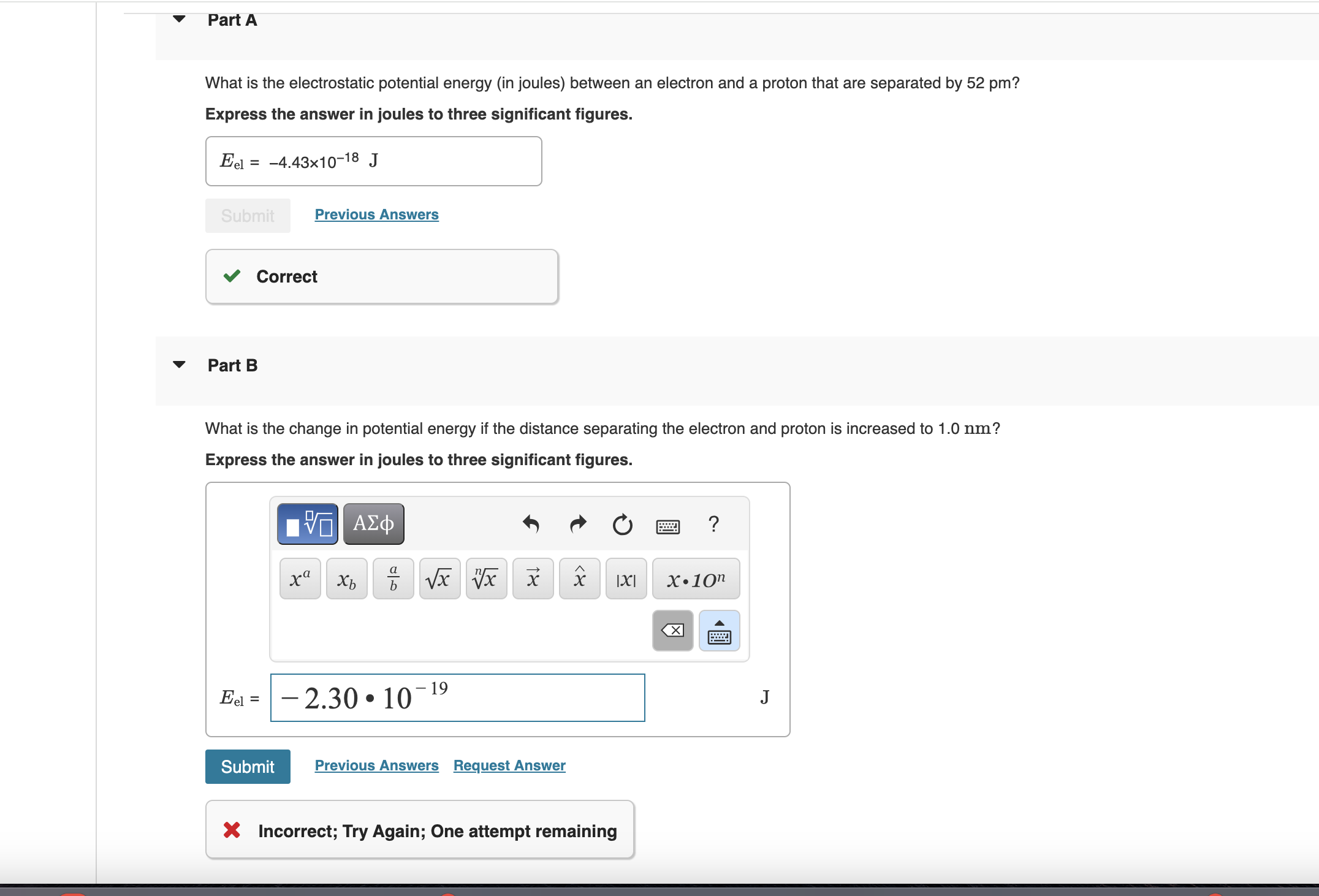 Solved Part AWhat is the electrostatic potential energy (in | Chegg.com