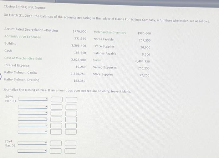 Solved Closing Entries; Net Income On March 31, 20Y4, the | Chegg.com