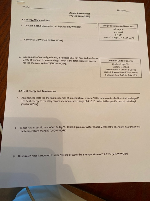 Solved NAME: SECTION Chapter 3 Worksheet (Dry Lab Spring | Chegg.com