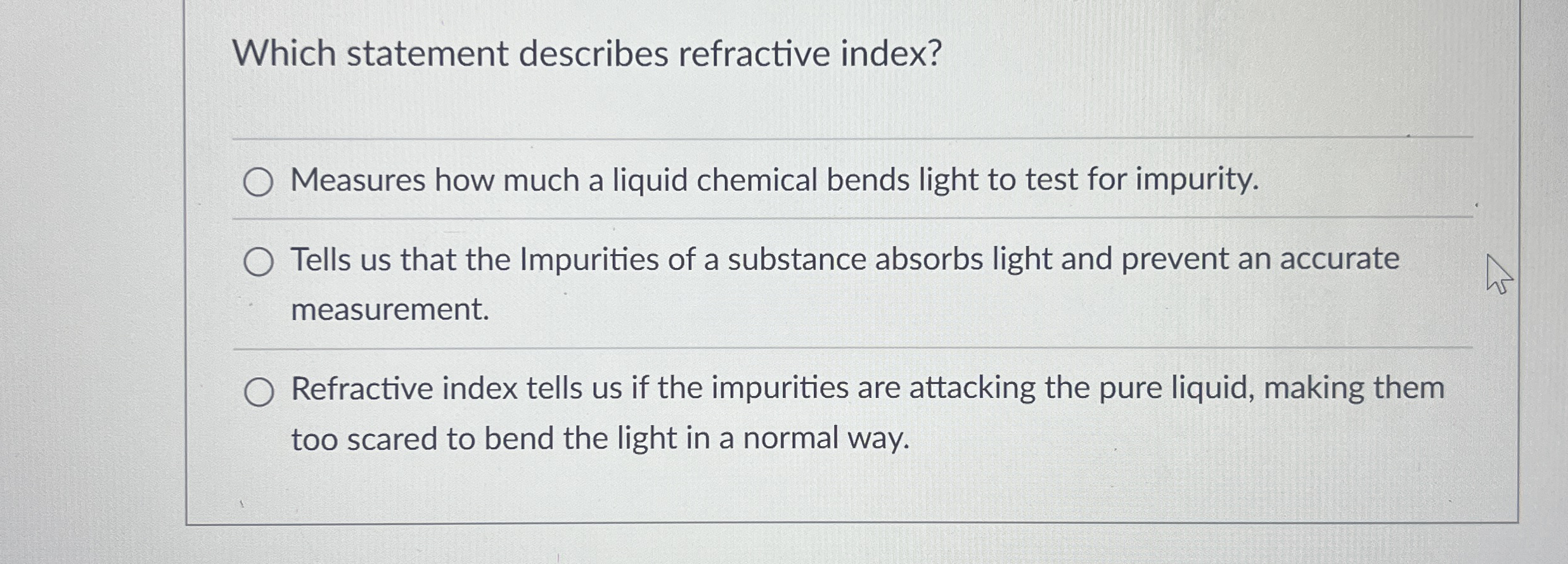 Solved Which statement describes refractive index?Measures | Chegg.com