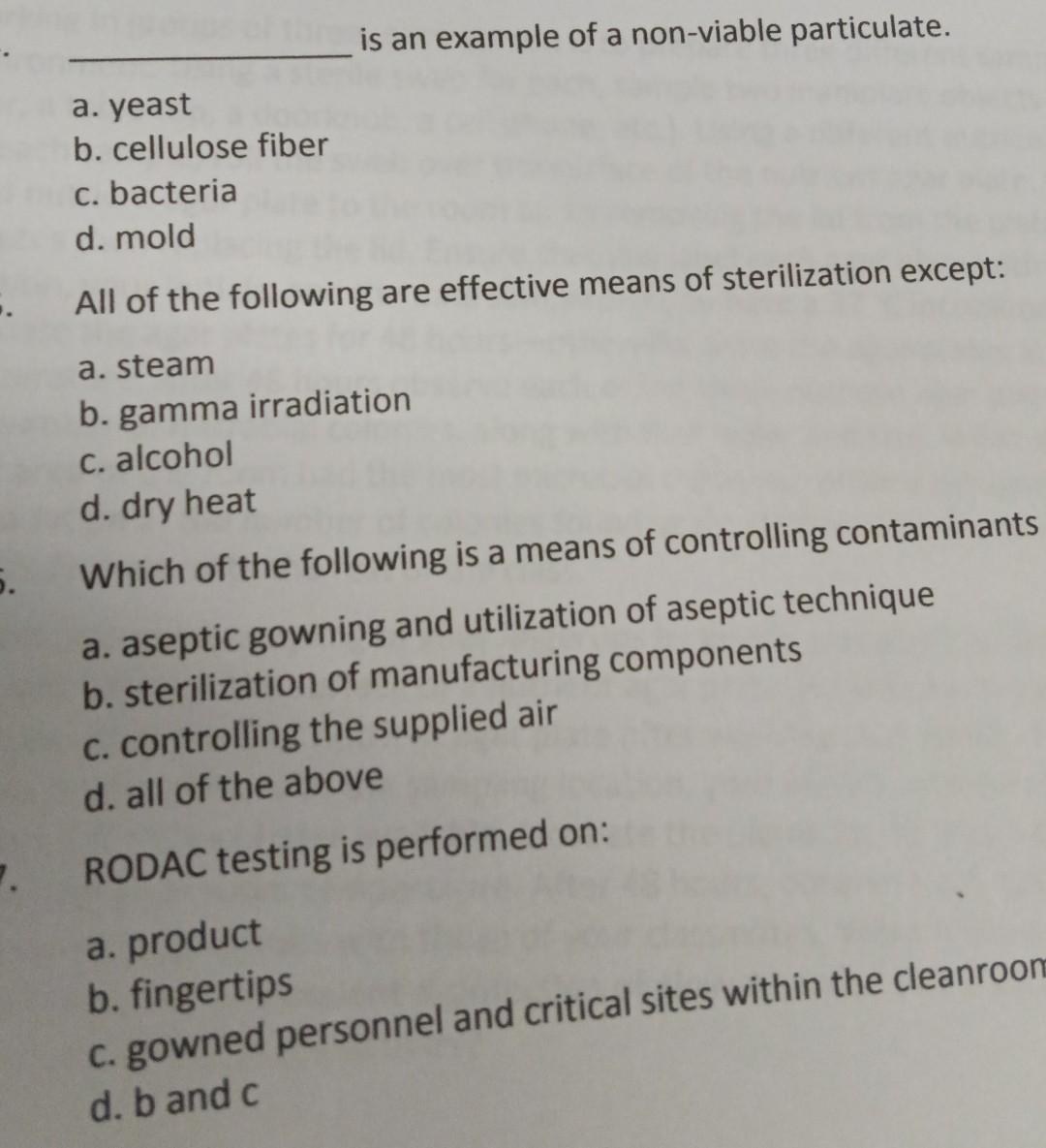 Solved is an example of a non-viable particulate. a. yeast | Chegg.com