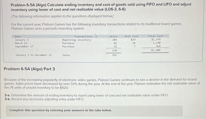 Solved Problem 6-5A (Algo) Calculate ending inventory and | Chegg.com