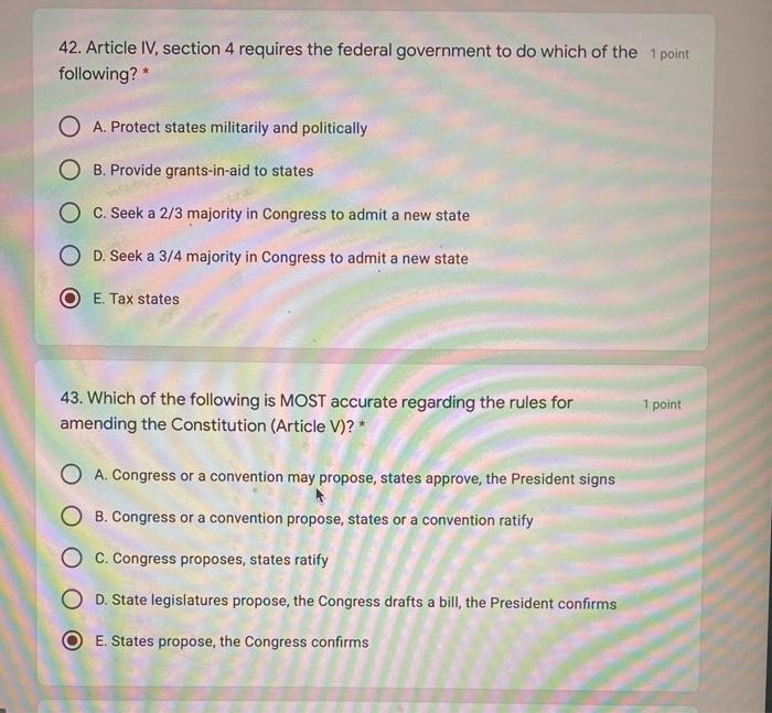 Solved 42. Article IV, section 4 requires the federal | Chegg.com