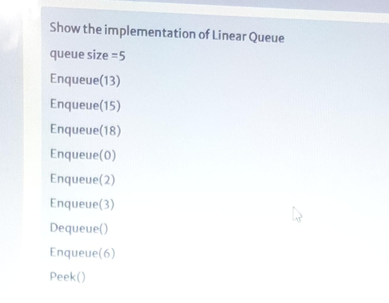 Solved Show the implementation of Linear Queue queue size =5 | Chegg.com