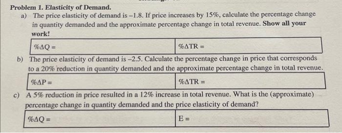 Solved Problem 1. Elasticity of Demand. a) The price | Chegg.com