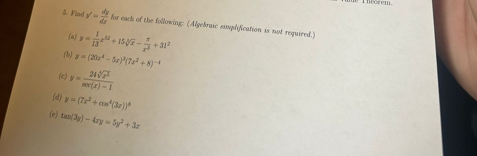 Solved Find y'=dydx ﻿for each of the following: (Algebraic | Chegg.com