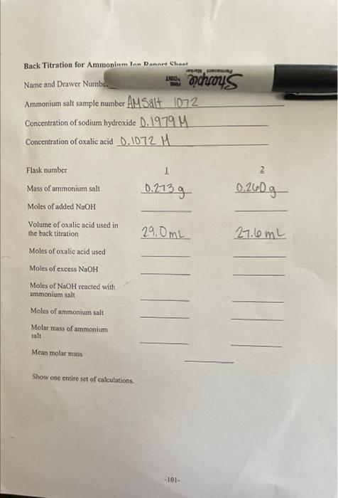 Solved Back Titration for Ammonium Inn Denart Cheot Name and | Chegg.com