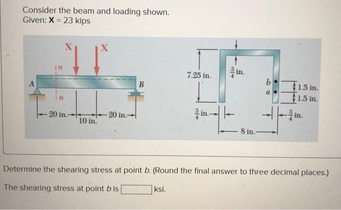 Solved Consider the beam and loading shown. Given: X=23 kips | Chegg.com