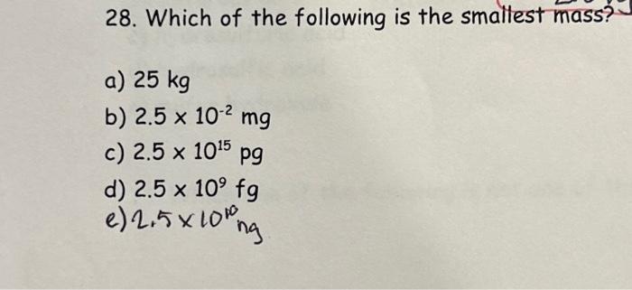 Solved 28. Which of the following is the smallest mass? a) | Chegg.com