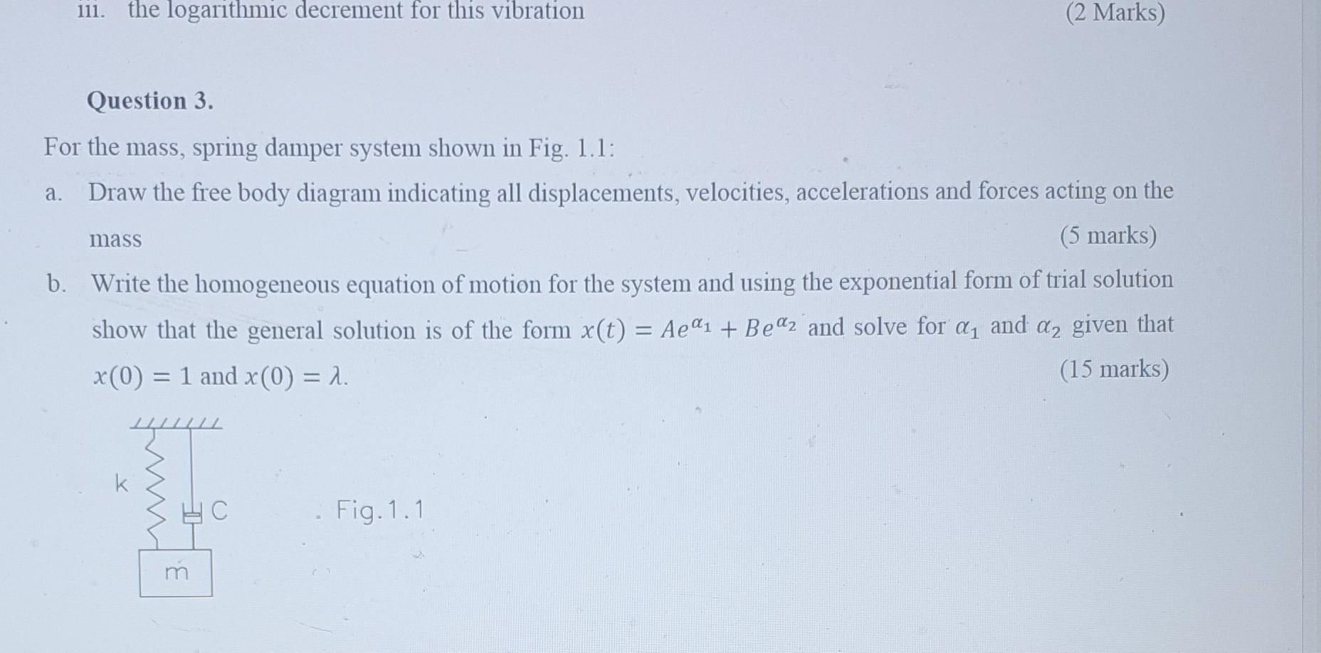 Solved Question 3. For the mass, spring damper system shown | Chegg.com
