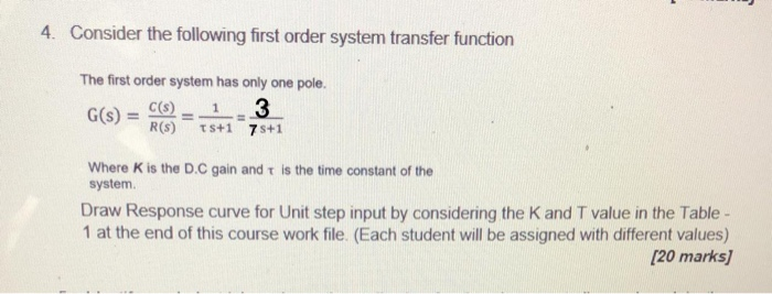 Solved 4. Consider the following first order system transfer | Chegg.com