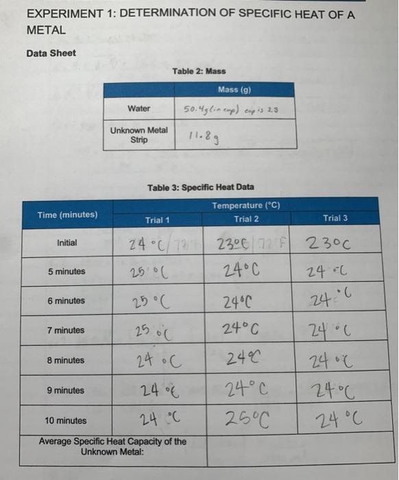 Solved EXPERIMENT 1: DETERMINATION OF SPECIFIC HEAT OF A | Chegg.com