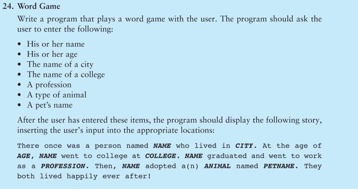 Solved 24. Word Game Write a program that plays a word game | Chegg.com