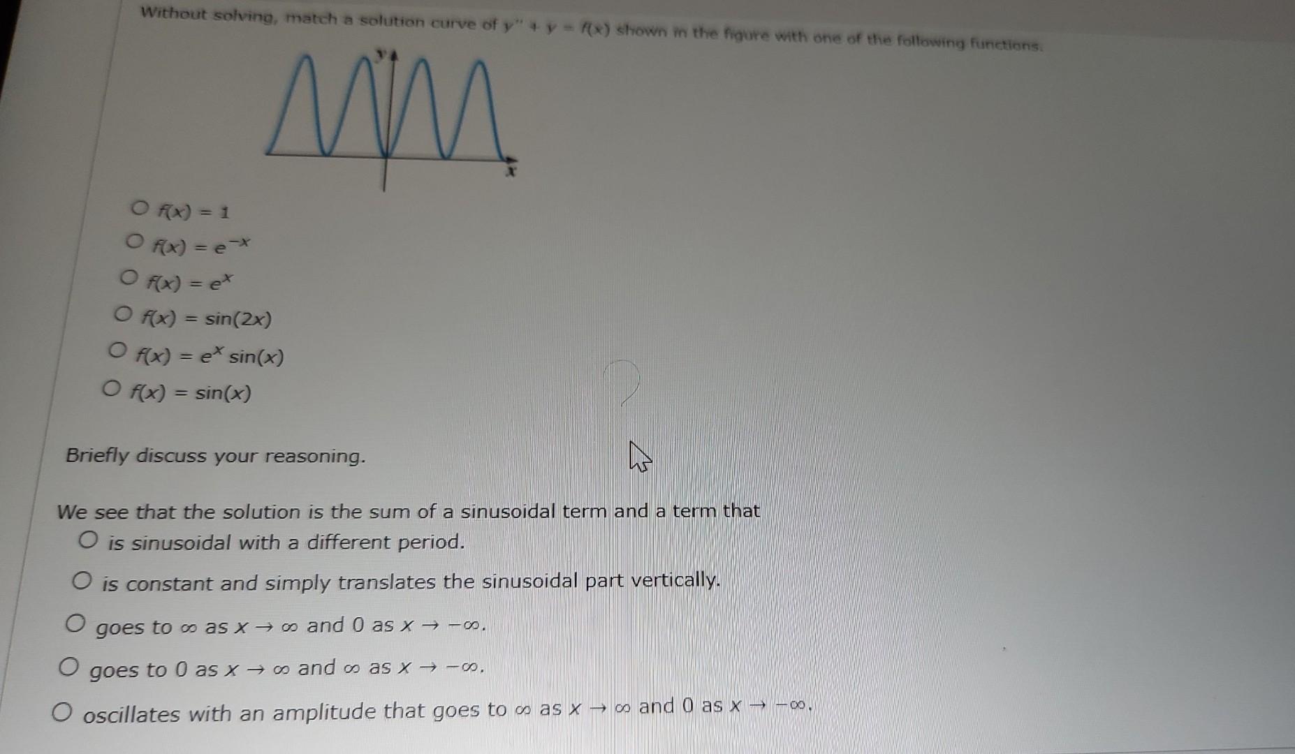 Solved Without solving, match a solution curve of y′′+y=f(x) | Chegg.com