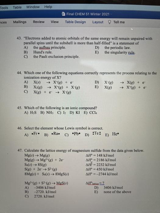 Solved mat Tools Table Window Help Final CHEM 51 Winter 2021 | Chegg.com