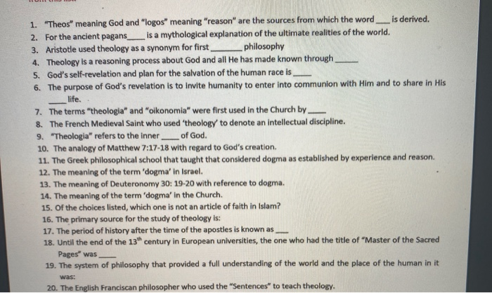 1. "Theos" meaning God and "logos" meaning "reason" | Chegg.com