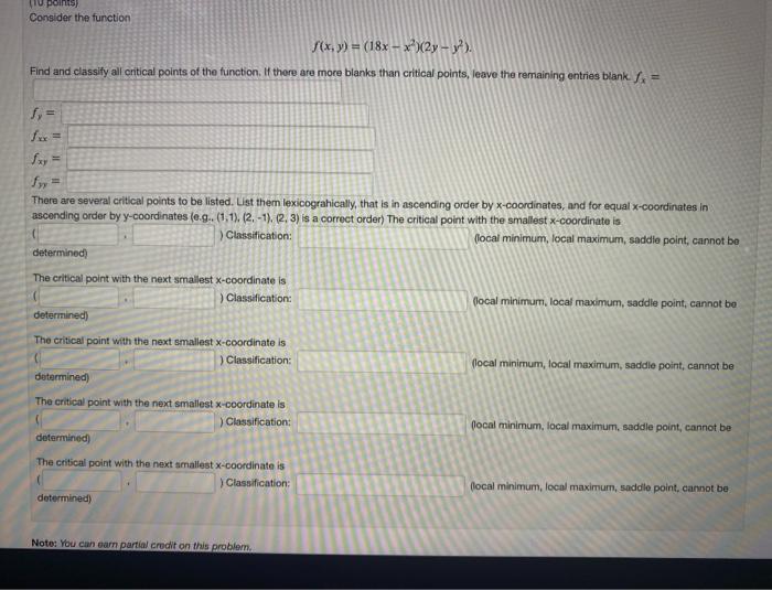 Solved Consider the function f(x,y)=(18x−x2)(2y−y2). Find | Chegg.com