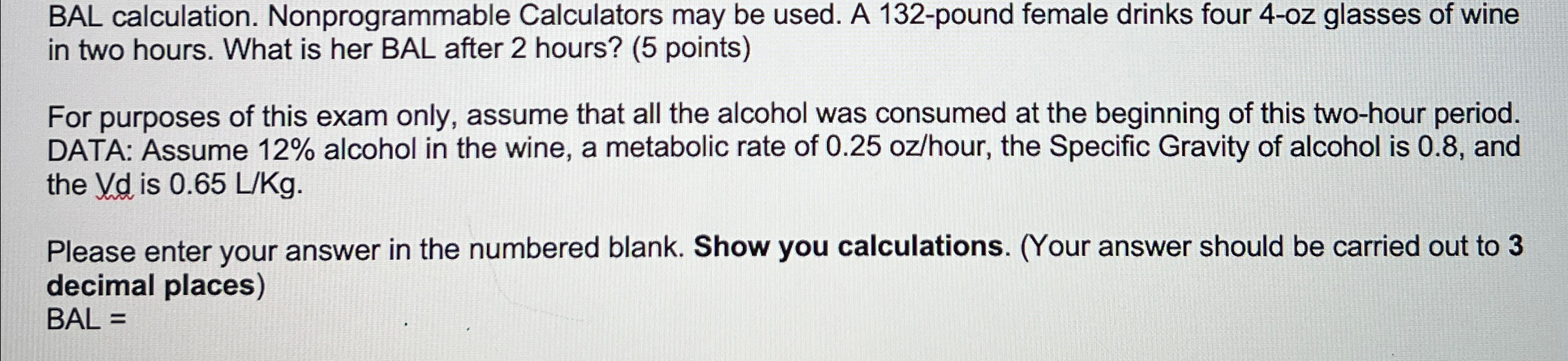 Solved BAL calculation. Nonprogrammable Calculators may be | Chegg.com