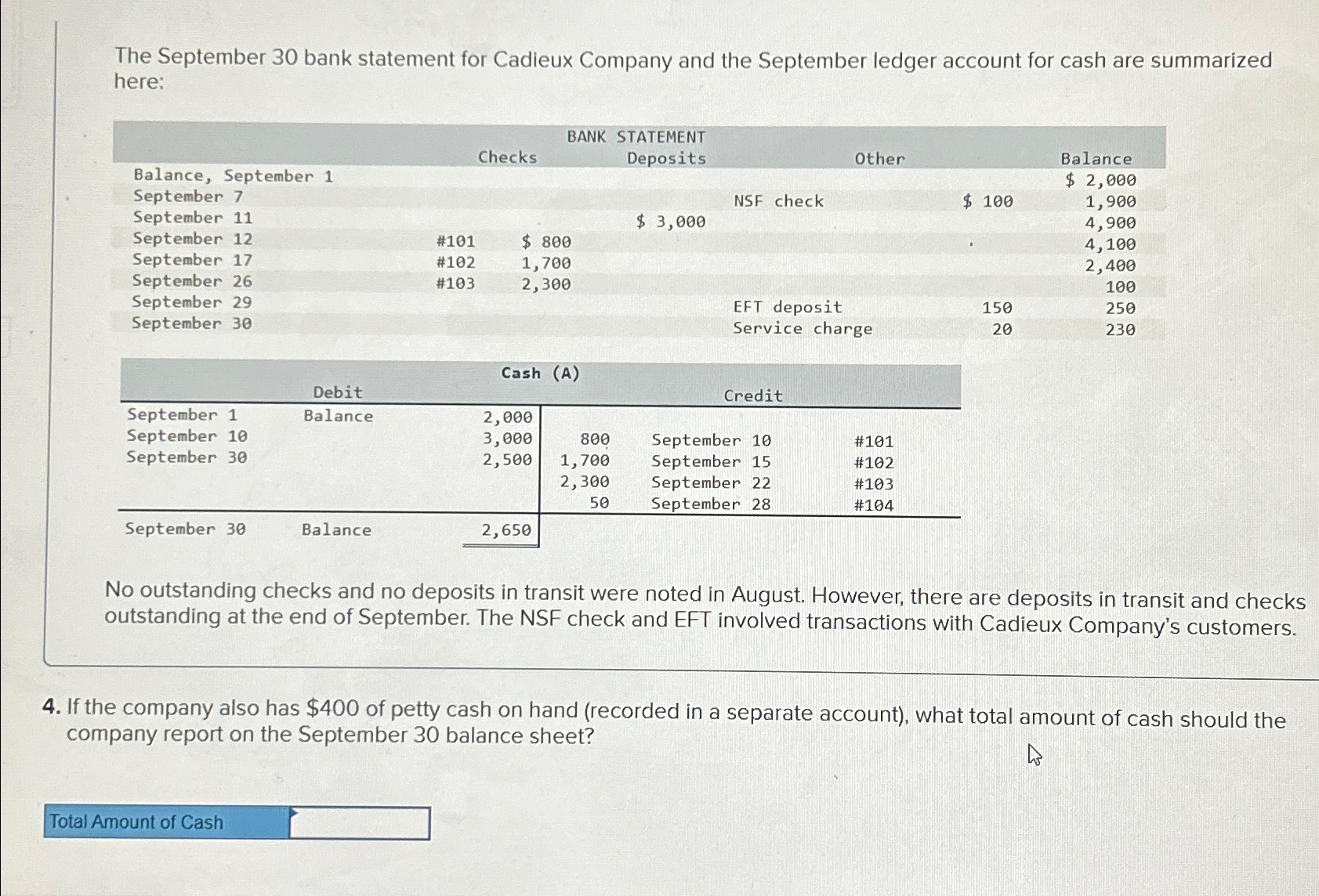 Solved The September 30 ﻿bank statement for Cadieux Company | Chegg.com
