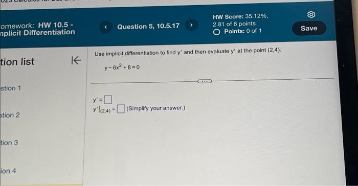 Solved omework: HW 10.5 - nplicit Differentiation tion list | Chegg.com Solved omework: HW 10.5 - nplicit Differentiation tion list | Chegg.com