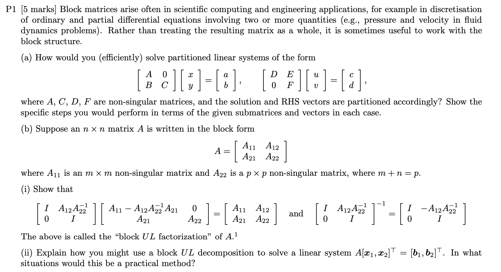 Solved P1 [5 ﻿marks] ﻿Block matrices arise often in | Chegg.com