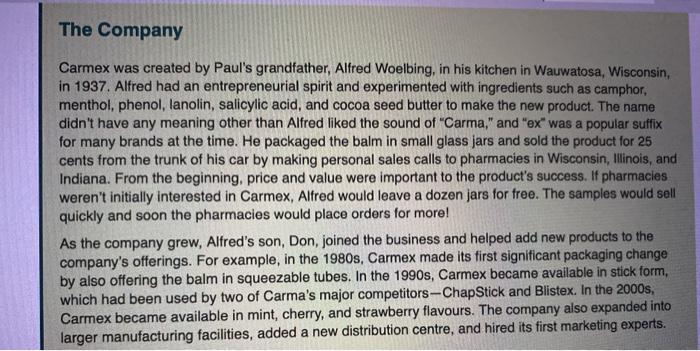 Solved The Company Carmex was created by Paul's grandfather, | Chegg.com
