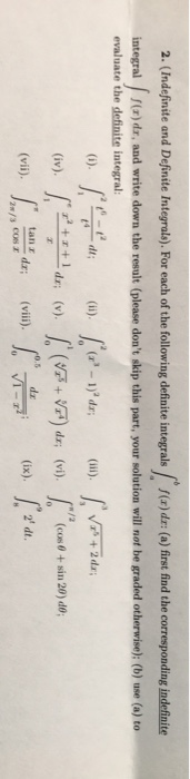 Solved 2. (Indefinite and Definite Integrals). For each of | Chegg.com