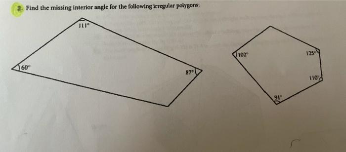 Solved Find the missing interior angle for the following | Chegg.com