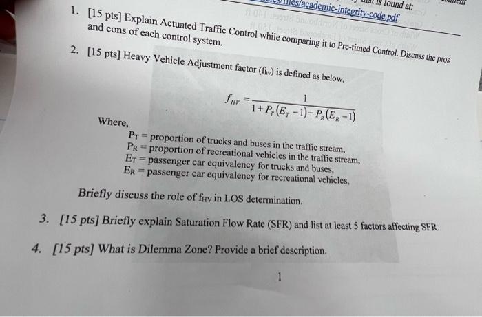 Solved 1. [15 pts] Explain Actuated Traffic Control while | Chegg.com