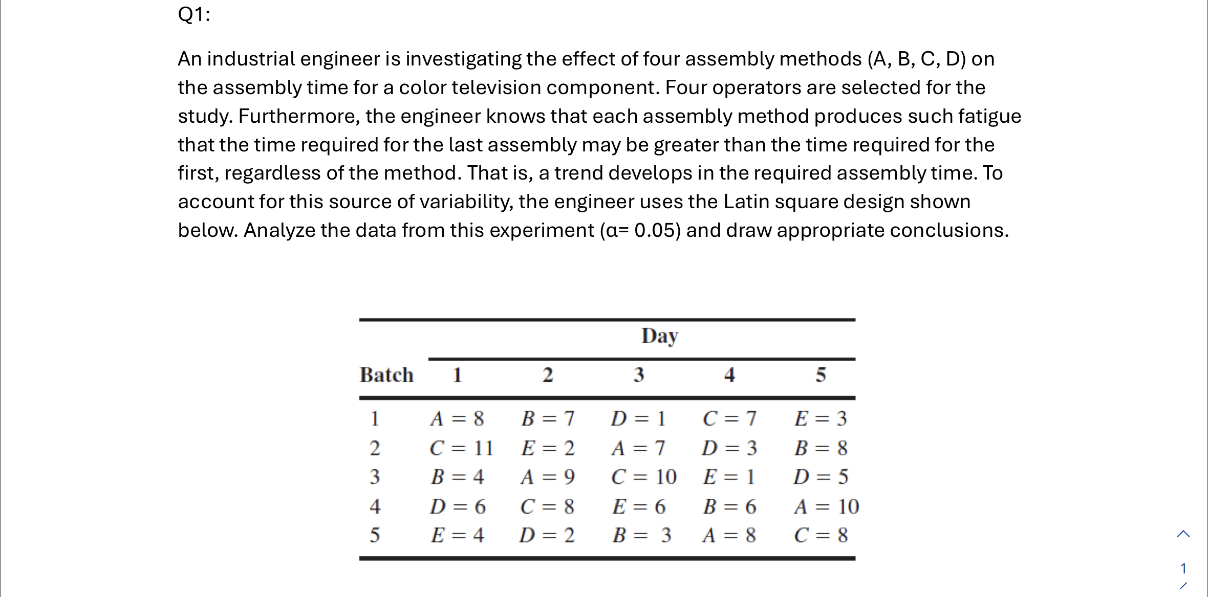 Solved Q1:An industrial engineer is investigating the effect | Chegg.com