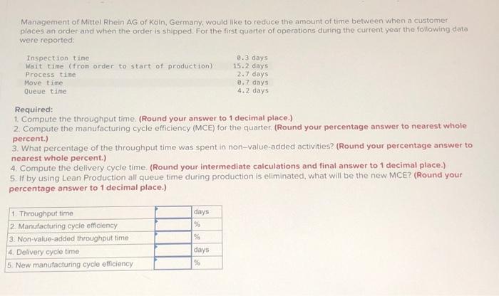 Solved Management of Mittel Rhein AG of Koin, Germany, would | Chegg.com