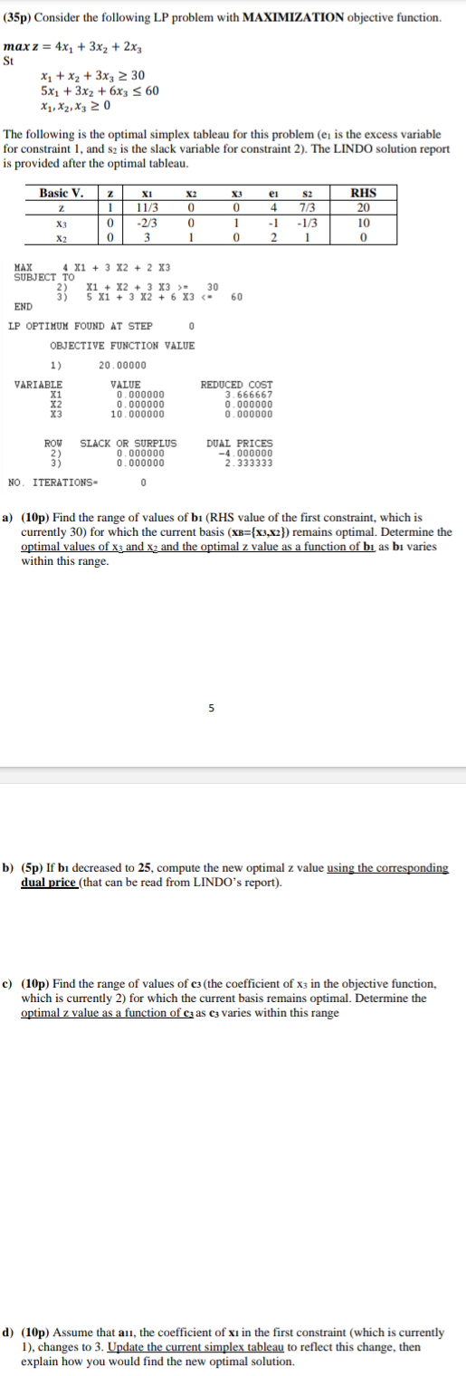 Solved (35p) ﻿Consider the following LP problem with | Chegg.com