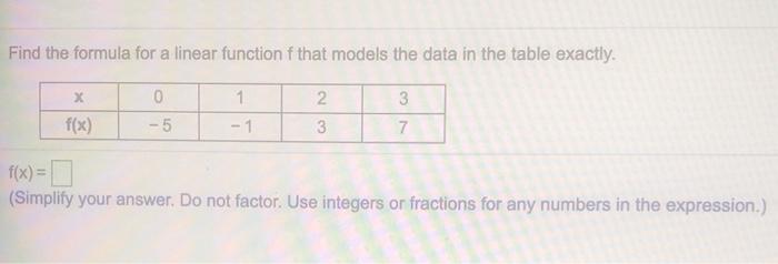Solved Find the formula for a linear function f that models | Chegg.com