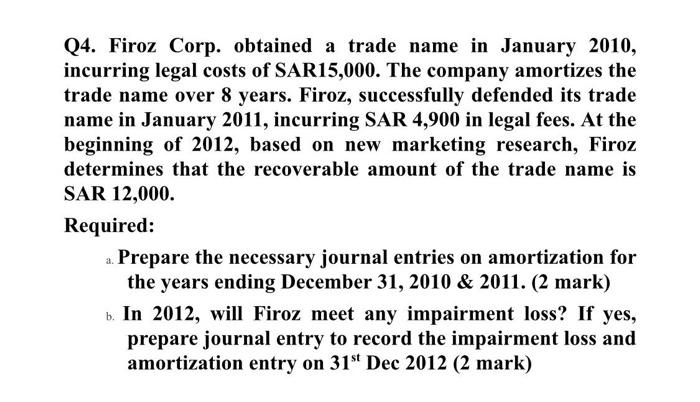 Solved Q4. Firoz Corp. obtained a trade name in January 2010 | Chegg.com