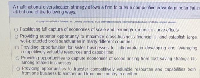Solved A multinational diversification strategy allows a | Chegg.com