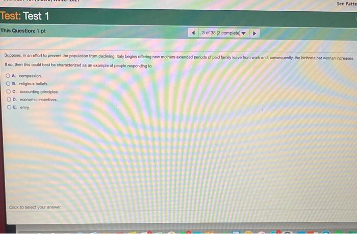 Solved Sen Patte Test: Test 1 This Question: 1 pt 3 of 38 2 | Chegg.com