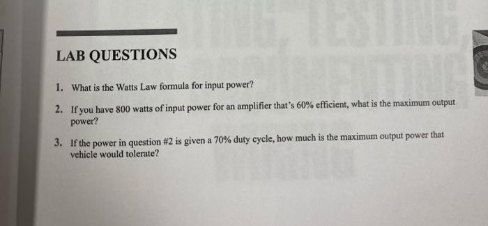 Solved LAB QUESTIONS 1. What is the Watts Law formula for | Chegg.com