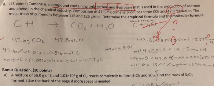 Solved 9 (15 points) Cumene is a compound containing only | Chegg.com