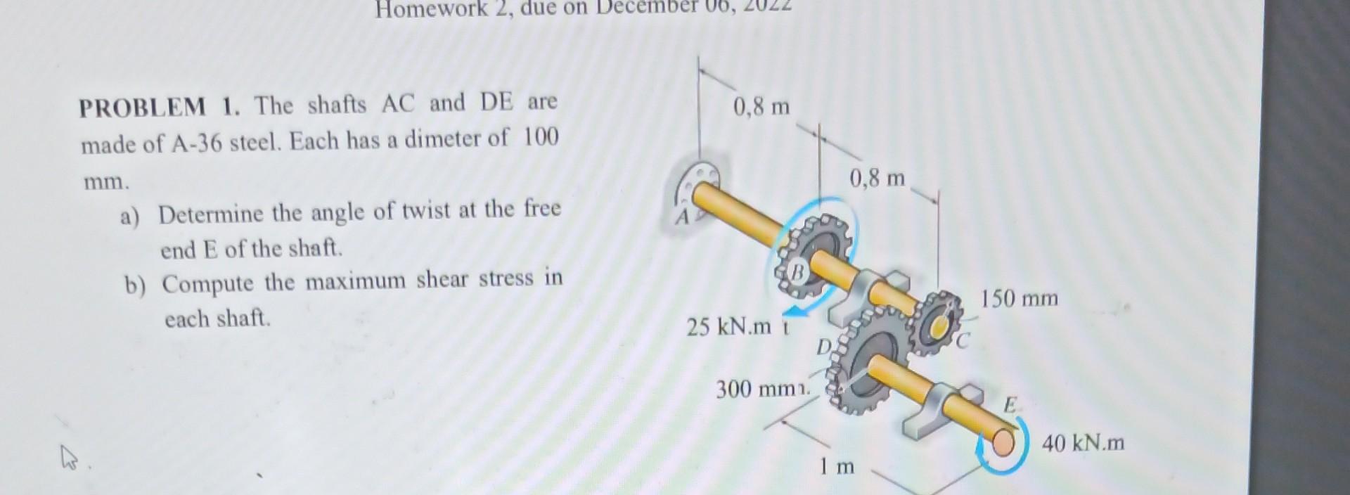 Solved PROBLEM 1. The shafts AC and DE are made of A-36 | Chegg.com