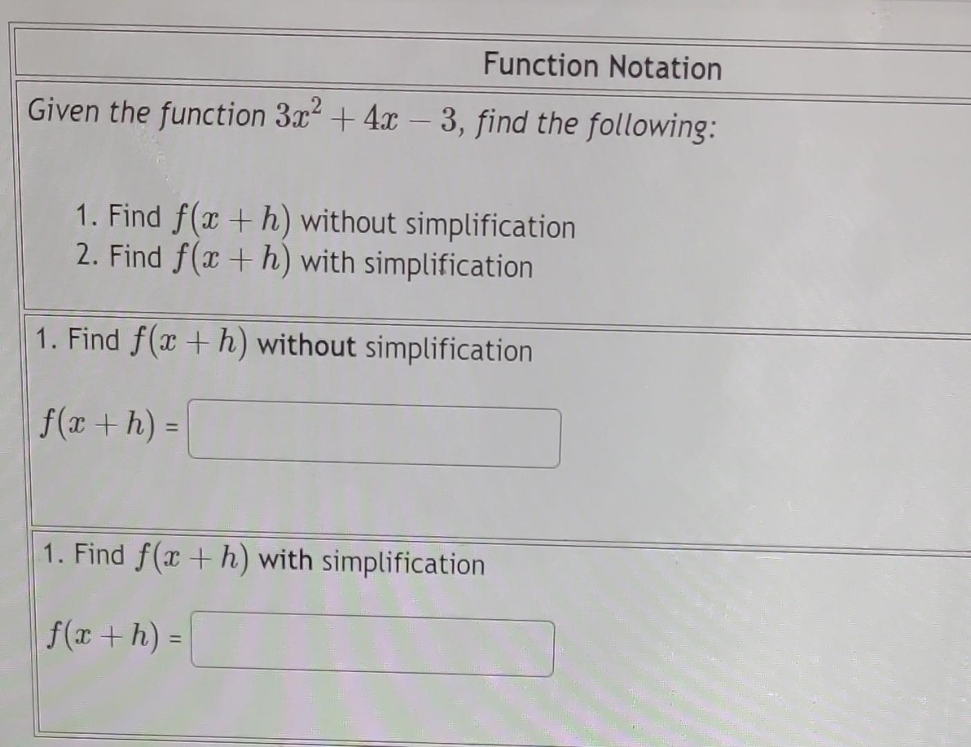 Solved Given the function 3x2+4x−3, find the following: 1. | Chegg.com