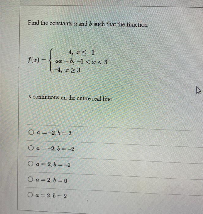Solved Find the constants a and b such that the function | Chegg.com