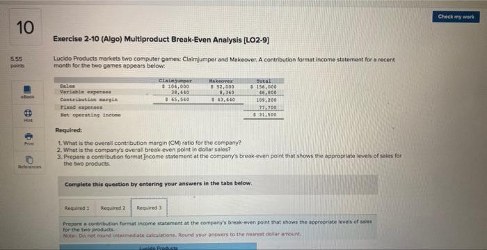 Solved Exercise 2-10 (Algo) Multiproduct Break-Even Analysis | Chegg.com