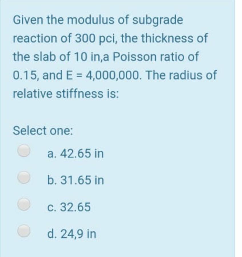 Solved Given the modulus of subgrade reaction of 300 pci, | Chegg.com
