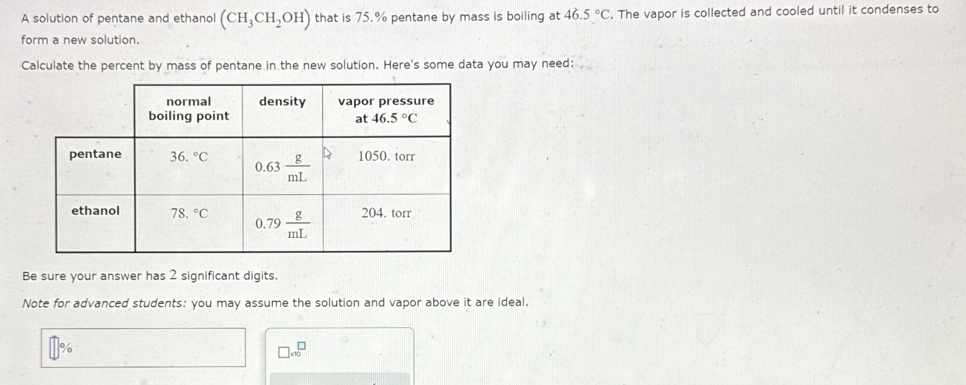 Solved A solution of pentane and ethanol (CH3CH2OH) ﻿that is | Chegg.com