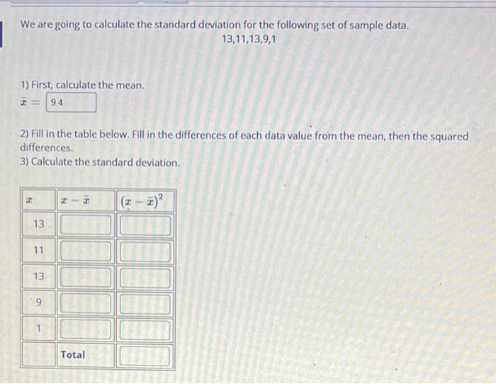 Solved We are going to calculate the standard deviation for | Chegg.com