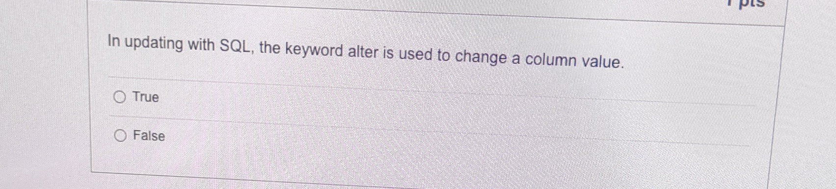 Solved In updating with SQL, ﻿the keyword alter is used to | Chegg.com