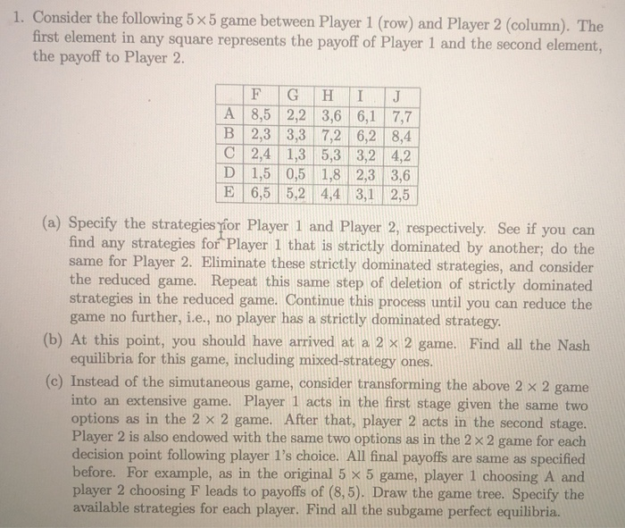 Solved 1. Consider the following 5 x 5 game between Player 1 | Chegg.com