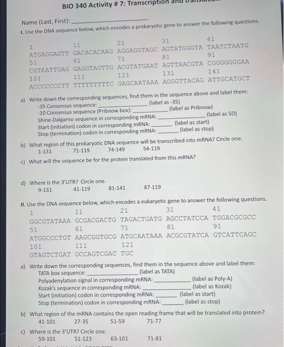 Solved Name (Last, First): I. Use the DNA sequence below, | Chegg.com
