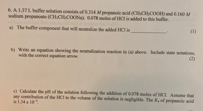 Solved 6. A 1.37 L buffer solution consists of 0.314 M | Chegg.com