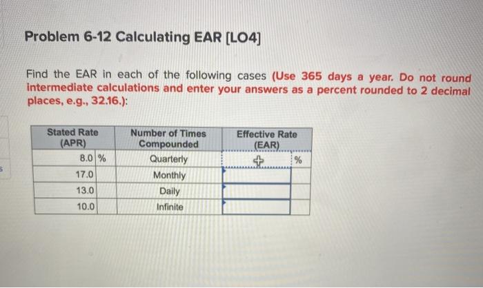 Solved Problem 6-12 Calculating EAR (L04] Find the EAR in | Chegg.com